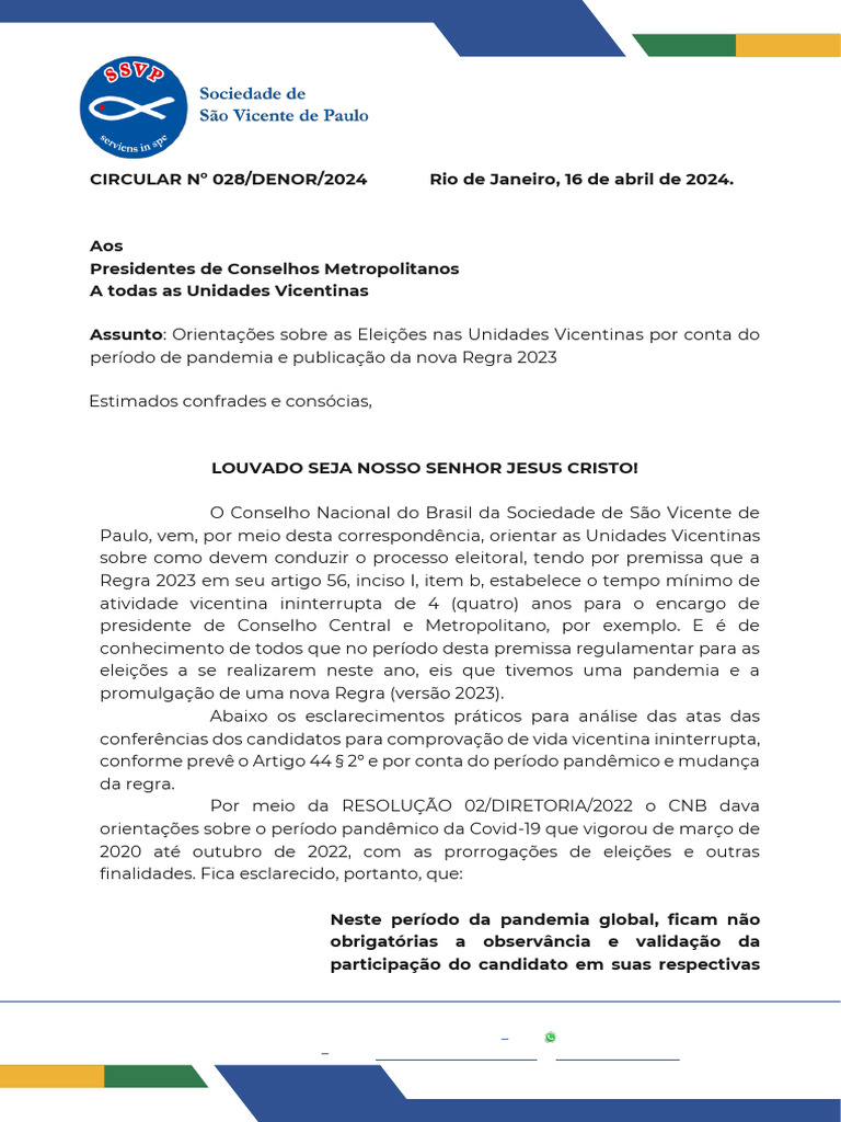 2024 Circular 028 Orientacoes Sobre As Eleicoes Nas Unidades Vicentinas Por Conta Do Periodo de ...