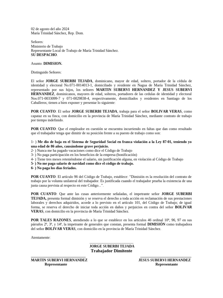 Carta De Dimision Dirigida Al Representante Local Jorge Suberbi 2024 Vs