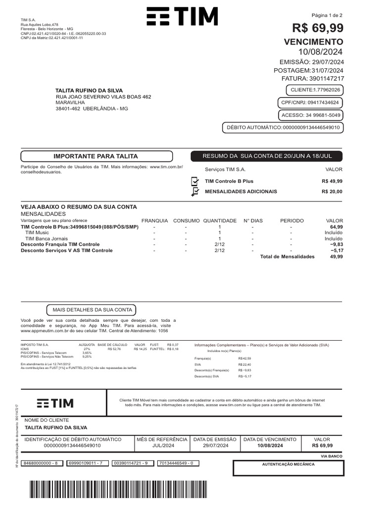 Fatura Tim 2024 | PDF