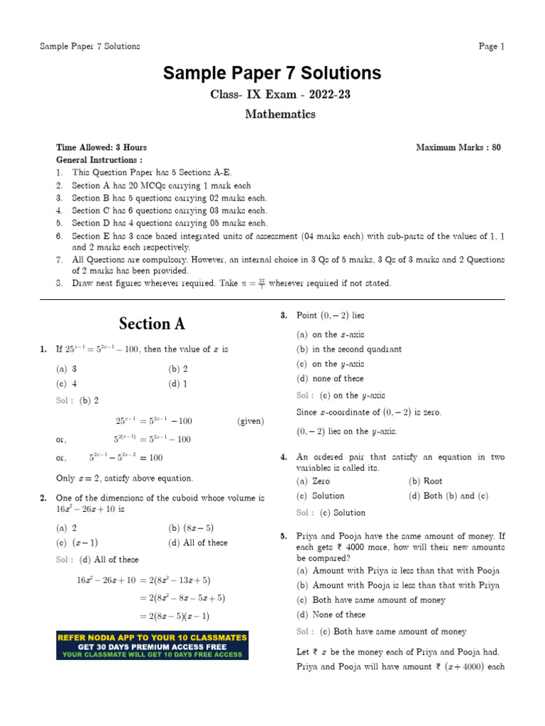 MA Sample Paper 7 Solutions | PDF