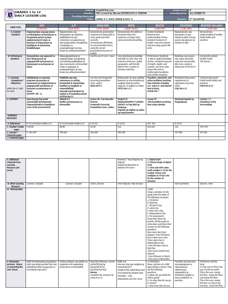 DLL All Subjects 2 q3 w8 d1 | PDF