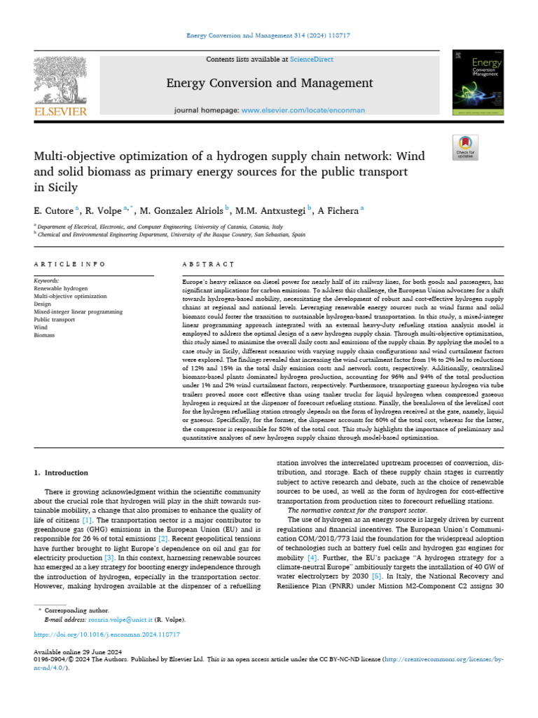 Multi-Objective Optimization of A Hydrogen Supply Chain Network - Wind and Solid Biomass As ...