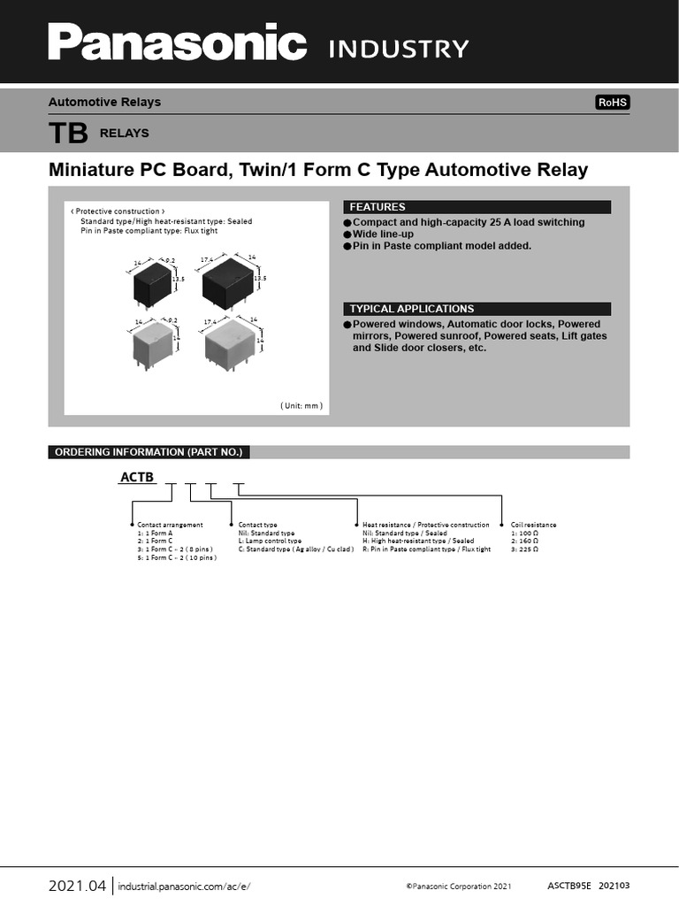 Panasonic TB Series Automotive Relays Data Sheet | PDF