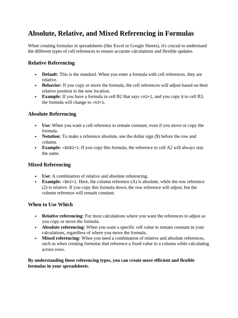 Absolute, Relative and Mixed Referencing in Formulas | PDF