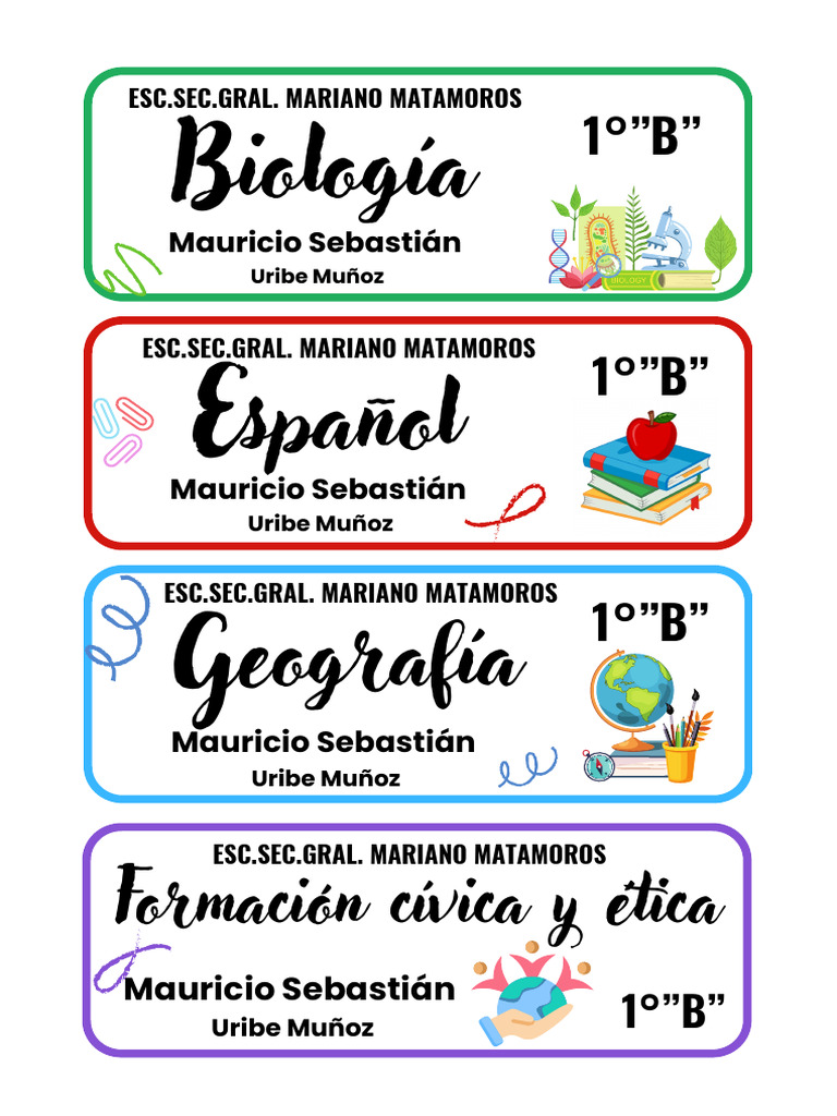 Etiquetas Escolares Materias Escolares Ilustrado Colorido (3) | PDF