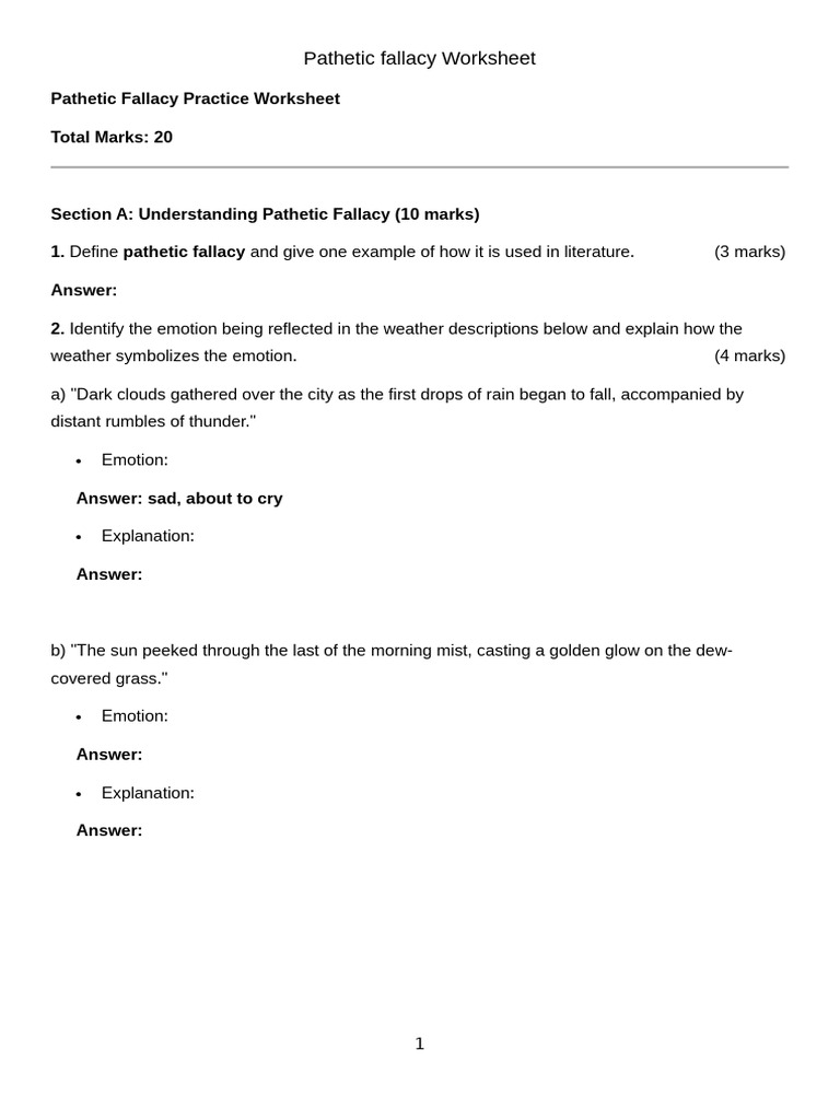 Pathetic Fallacy Worksheet | PDF | Teaching Methods & Materials