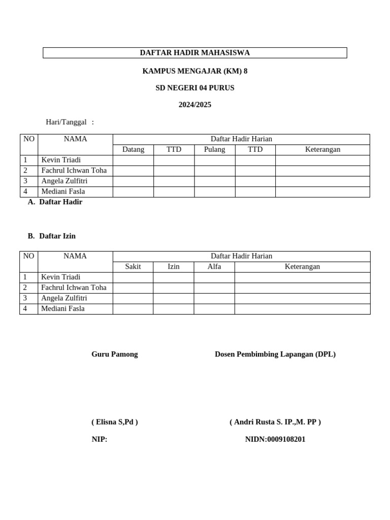 DAFTAR HADIR MAHASISWA KM 8 Okee | PDF