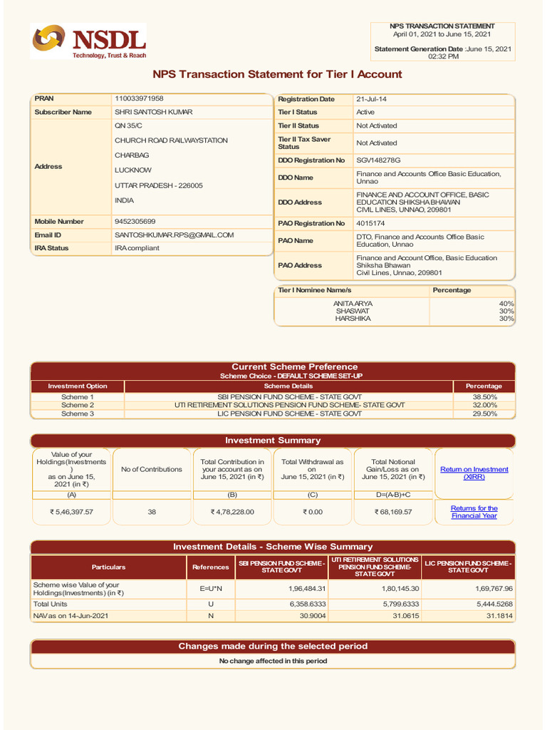 NPS Transaction Statement For Tier I Account: Current Scheme Preference ...