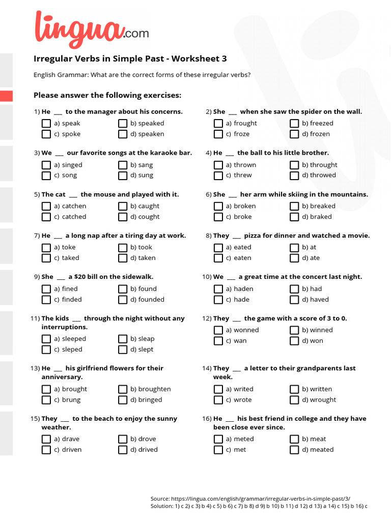 Irregular Verbs in Simple Past - Worksheet 3: Please Answer The ...