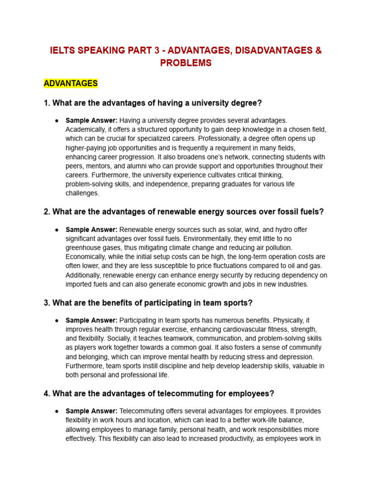 IELTS SPEAKING PART 3 - Advantages, Disadvantages, Problems | PDF