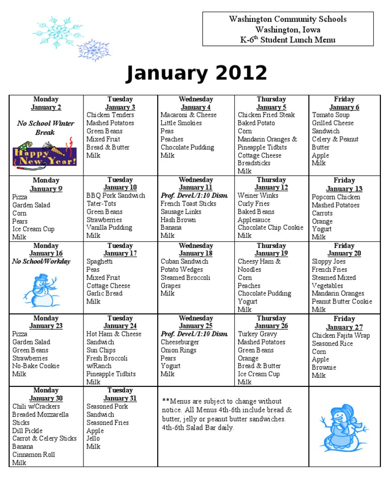January 2012 K-6 Lunch Menu | PDF