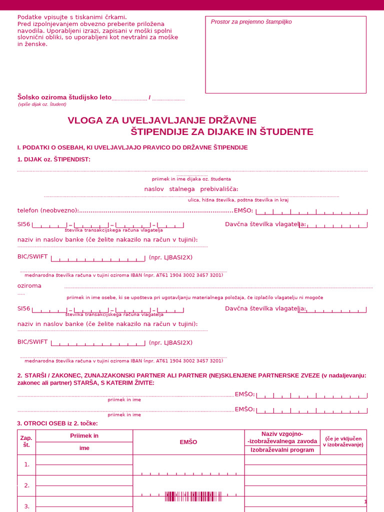 Vloga Za Državno Štipendijo | PDF