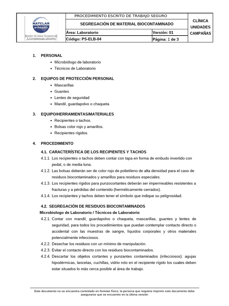 PS-ELB-04 - Segregación de Material Biocontaminado - Ver.01 | PDF