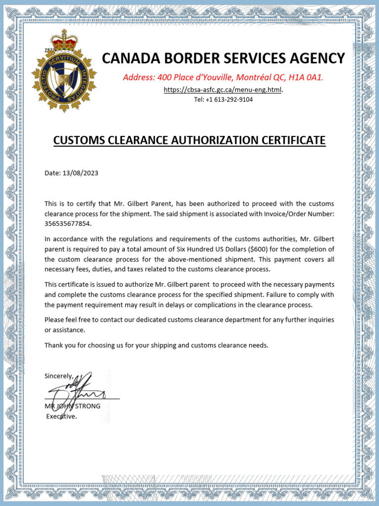 Customs Clearance Authorization Certificate | PDF