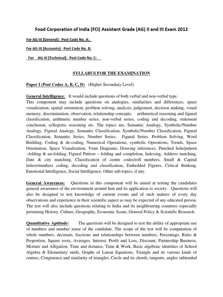 Analysis of the Syllabus and Exam Structure for the Food Corporation of ...