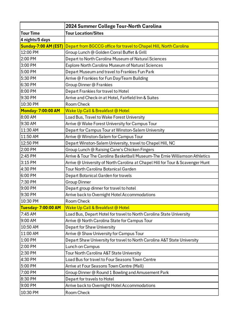 2024 Summer College Tour Parent Itinerary | PDF