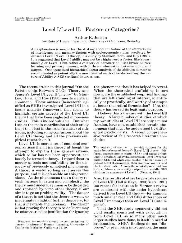 Jensen Theory of Intelligence | PDF