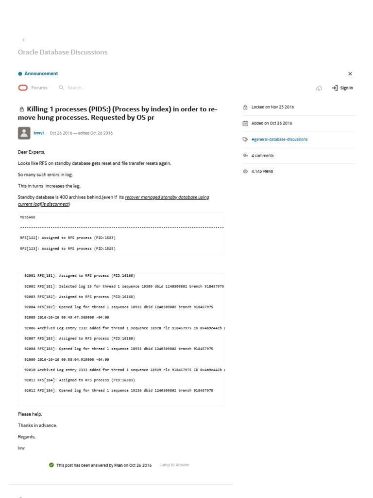 Killing 1 Processes (PIDS_) (Process by Index) in Order to Remove Hung Processes. Requested by ...