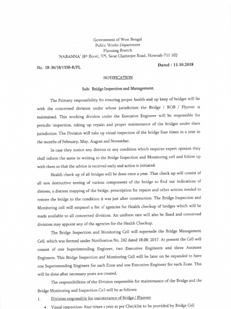 West Bengal Bridge Inspection Notice | PDF