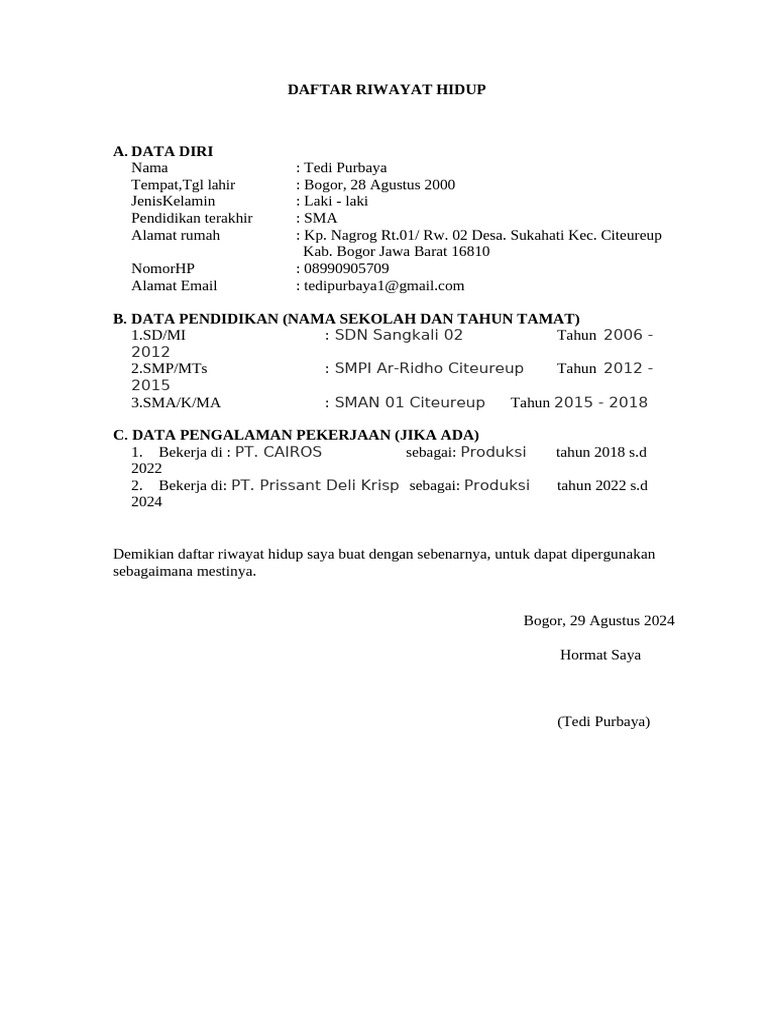 Daftar Riwayat Hidup Tedi Purbaya | PDF