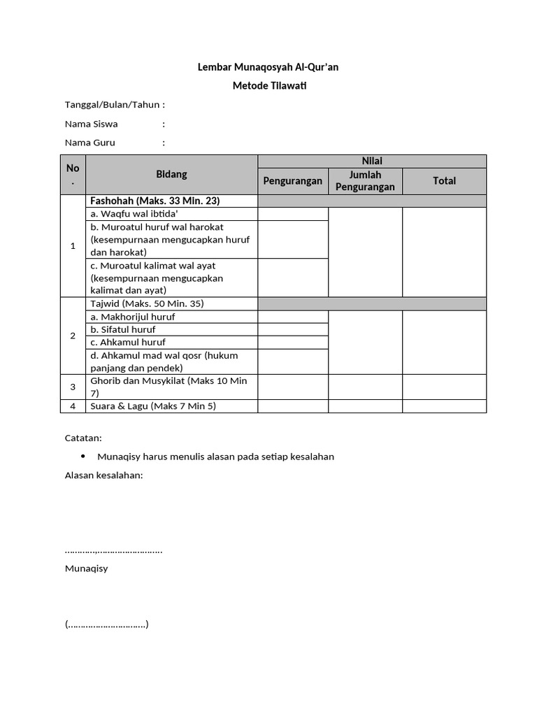 Lembar Munaqosyah Al Qur'An | PDF