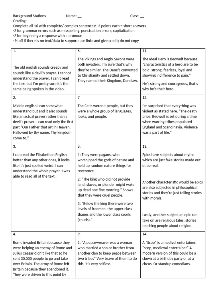 Beowulf Background Stations Answer Sheet | PDF