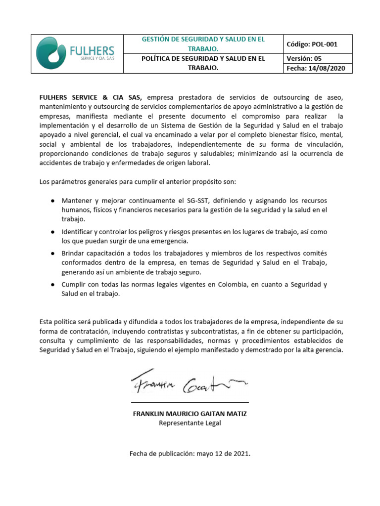 Pol-001 Politica de Seguridad y Salud en El Trabajo | PDF