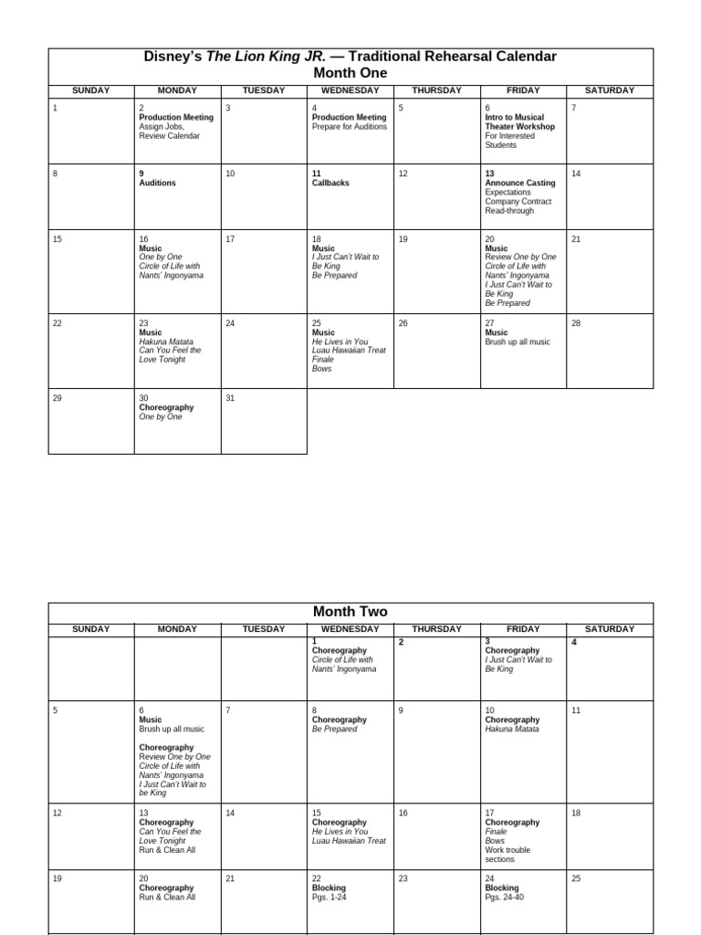 Rehearsal Calendar Traditional Pdf