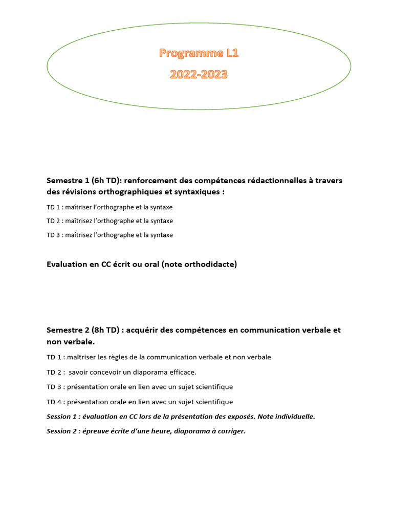 Programme L1 2022 | PDF