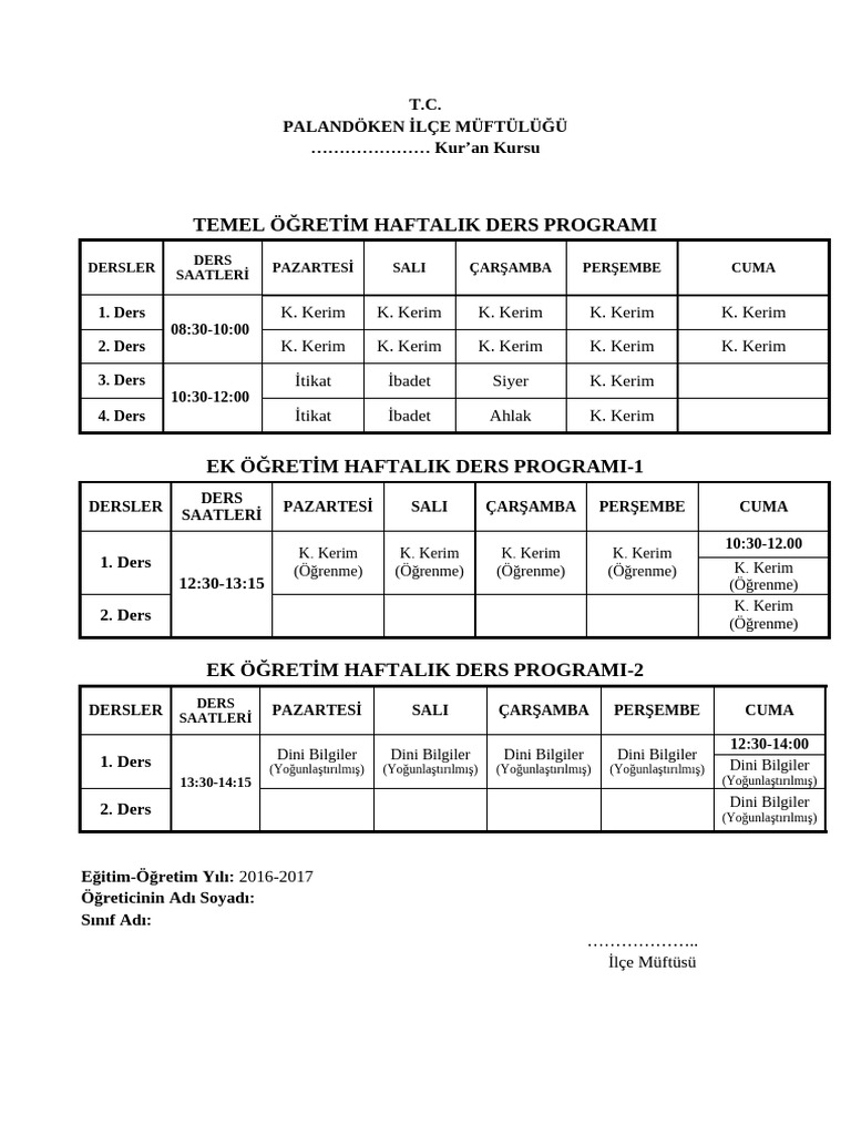 TEMEL Öğretim Haftalık Ders Programı Örneği (Birleştirilmiş) 2 Ek | PDF