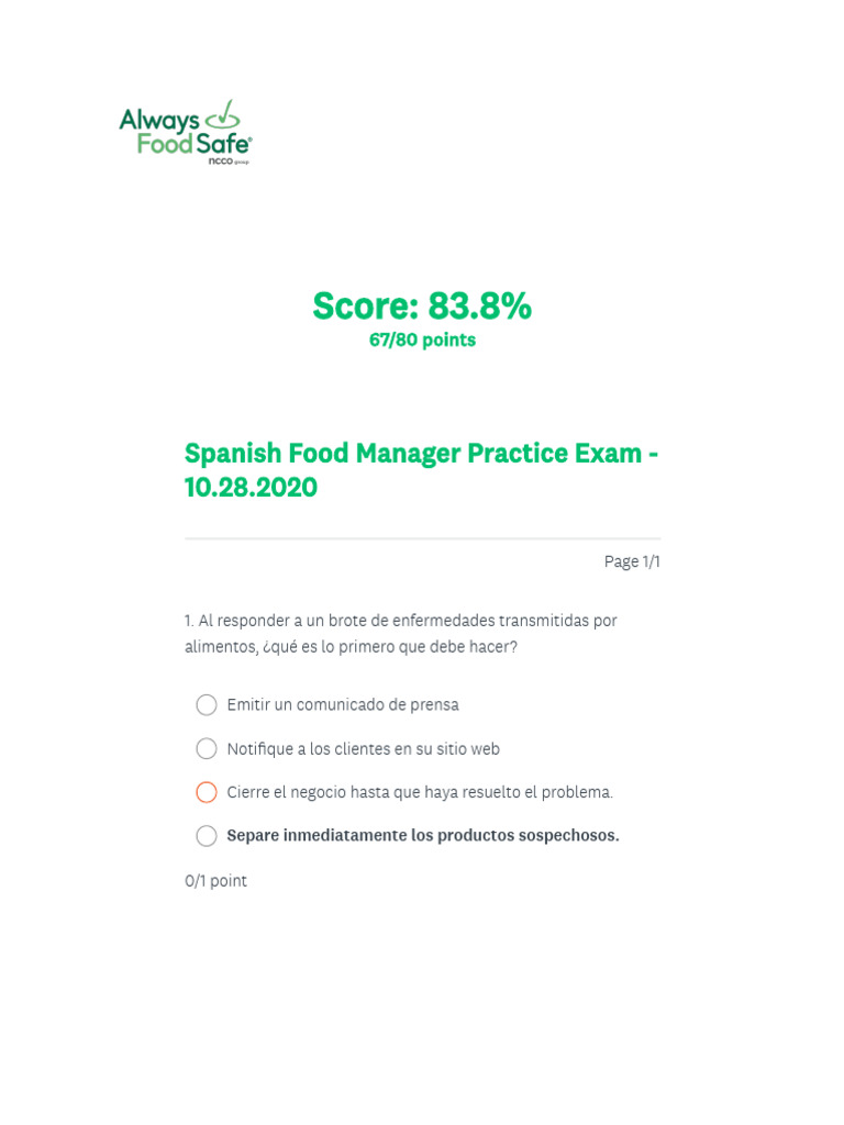Spanish Food Manager Practice Exam - 10.28.2020 Survey | PDF