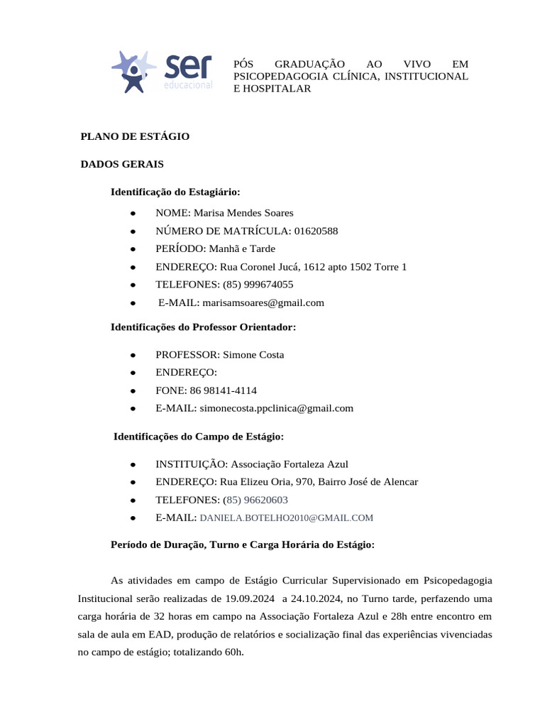 Plano de Estagio Institucional Marisa Soares | PDF
