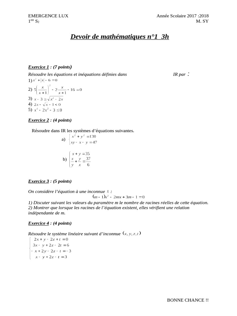 Devoir N°1 Première S2 | PDF