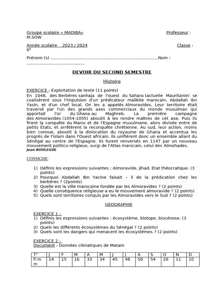 Devoir 5ème Second Semestre | PDF