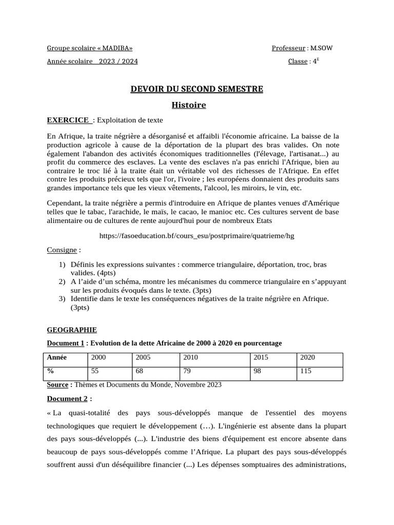 Devoir 4ème Second Semestre | PDF