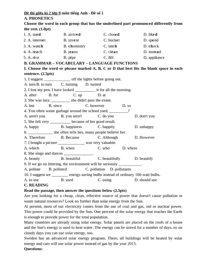 Bo de Thi Giua Hoc Ky 2 Mon Tieng Anh Lop 9 Co Dap An | PDF