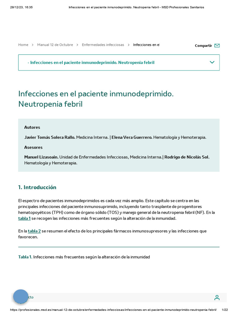 Infecciones en El Paciente Inmunodeprimido. Neutropenia Febril - MSD ...