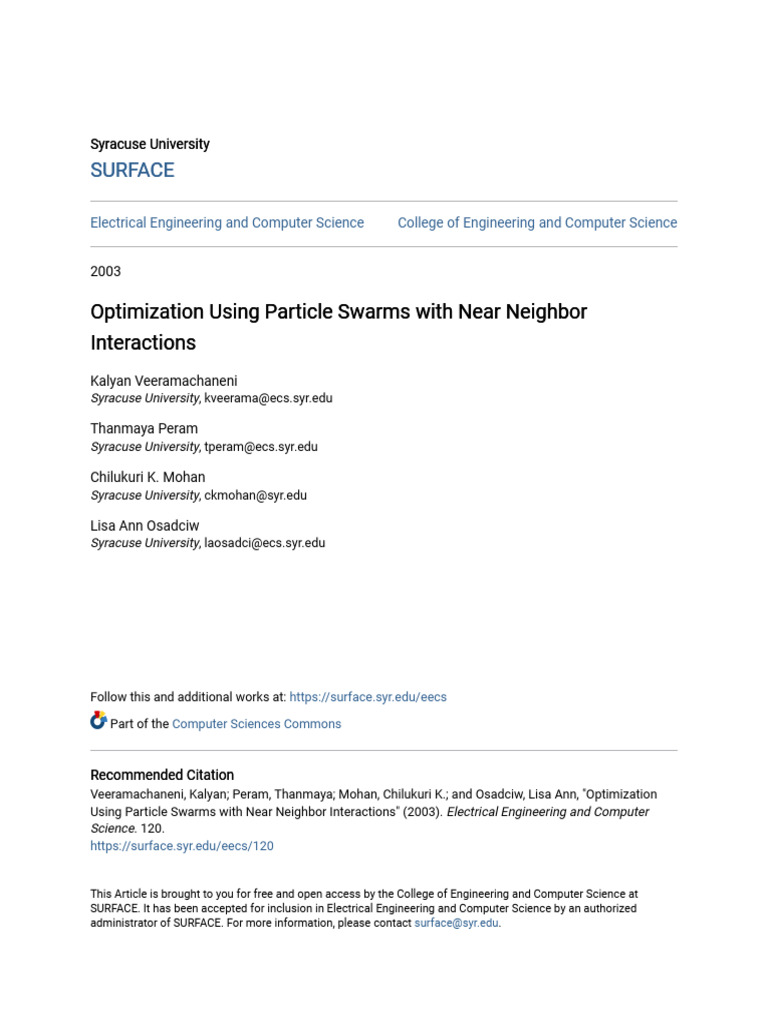 Optimization Using Particle Swarms With Near Neighbor Interaction | PDF