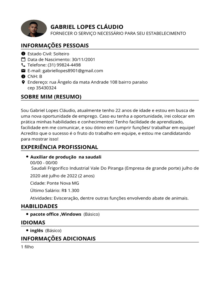Currículo - Gabriel Lopes Cláudio | PDF