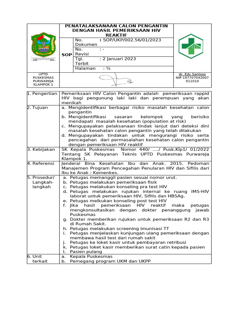 Sop Pemeriksaan Hiv Catin | PDF