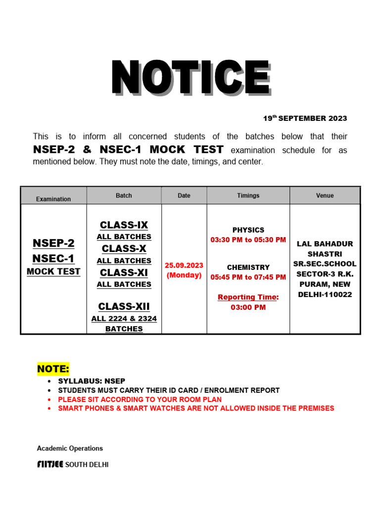 NSEP-2 & NSEC-1 MOCK TEST NOTICE | PDF