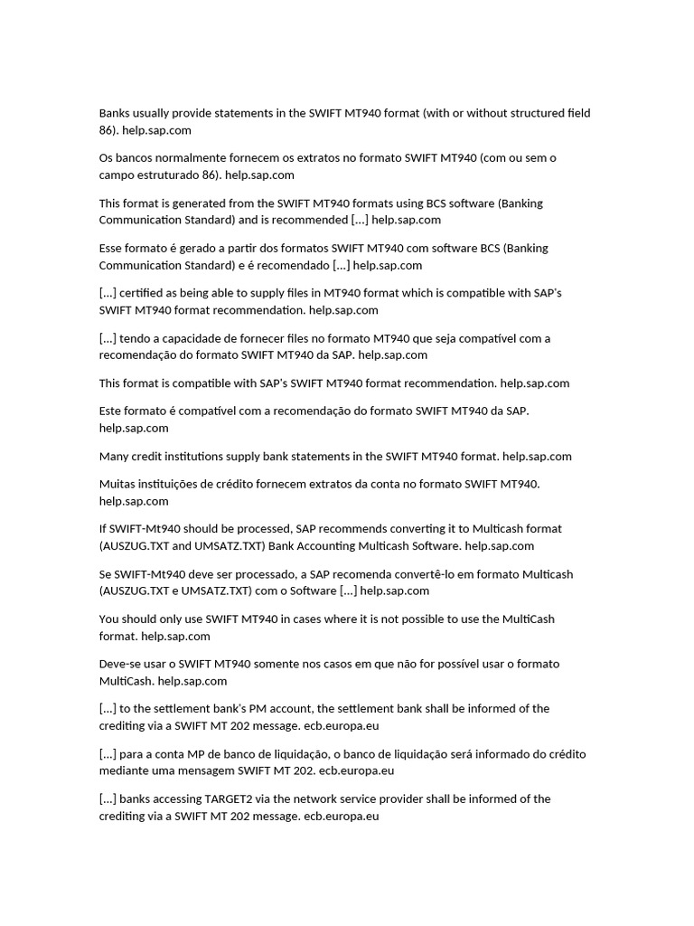 Explicação Traduzida Do SWIFT MT940 Format | PDF | Business | Setor privado