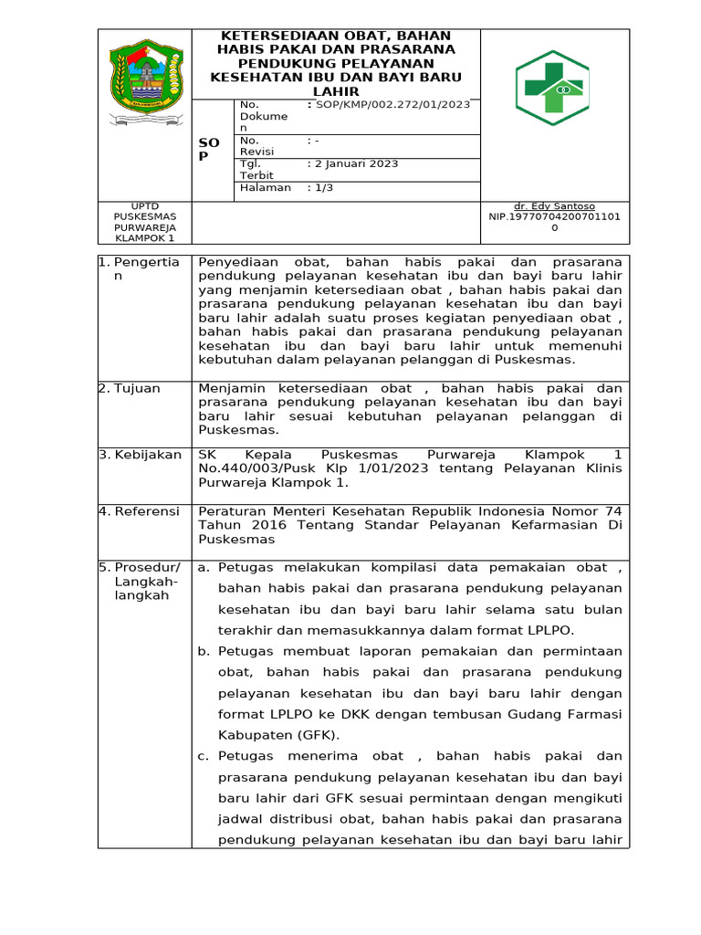 SOP _ KETERSEDIAAN OBAT, BHP KIA | PDF