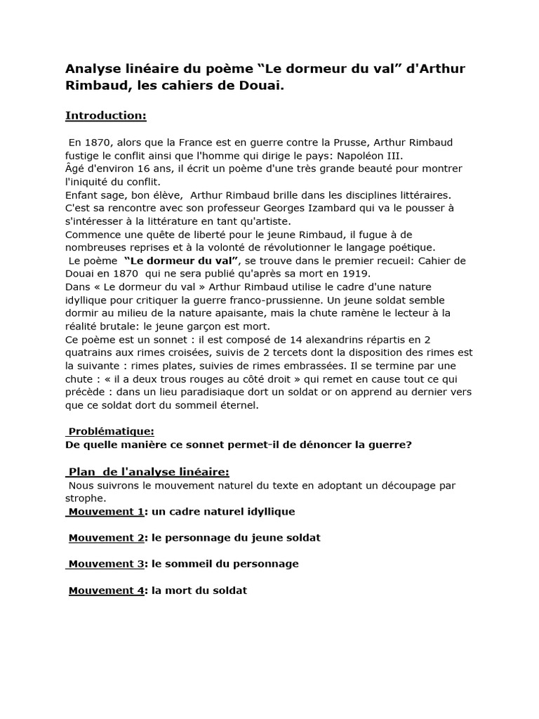 Le Dormeur Du Val Analyselinéaire (1) 3333 | PDF