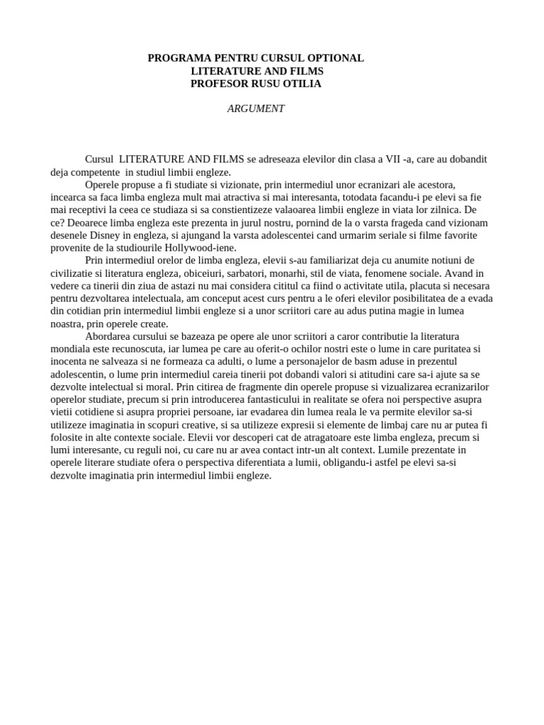 7-Programa Pentru Cursul Optional-Engleza | PDF