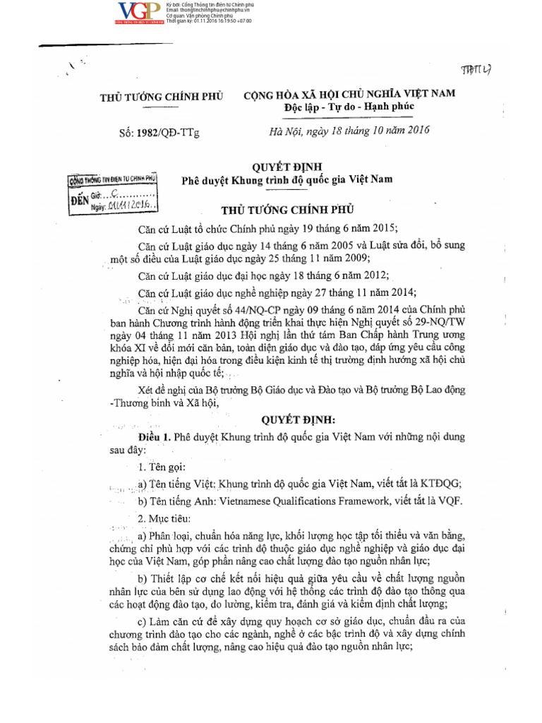 QD 1982 QD TTG Khung Trinh Do Quoc Gia Viet Nam 20211119084218 e | PDF