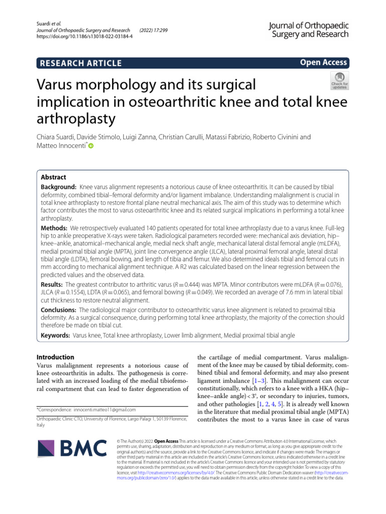 Varus Morphology Knee and TKR | PDF