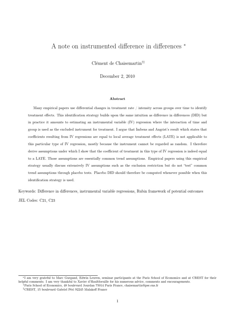 A Note On Instrumented Difference in Differences | PDF