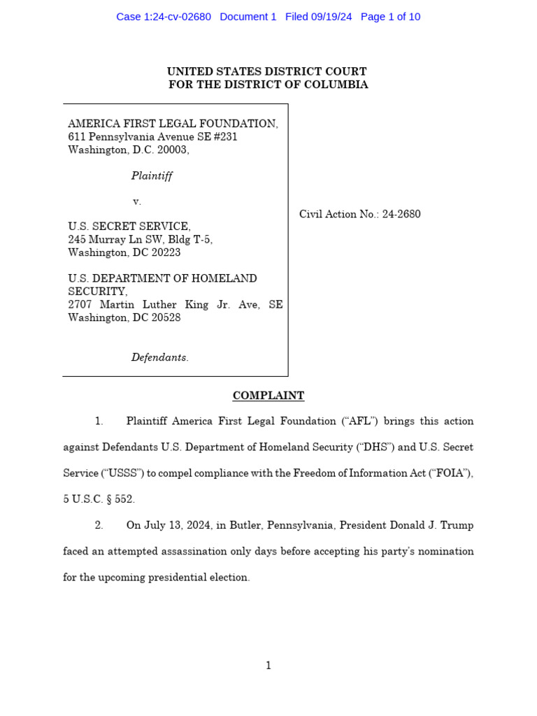 AFL v. USSS, DHS Complaint | PDF | Freedom Of Information Act (United ...