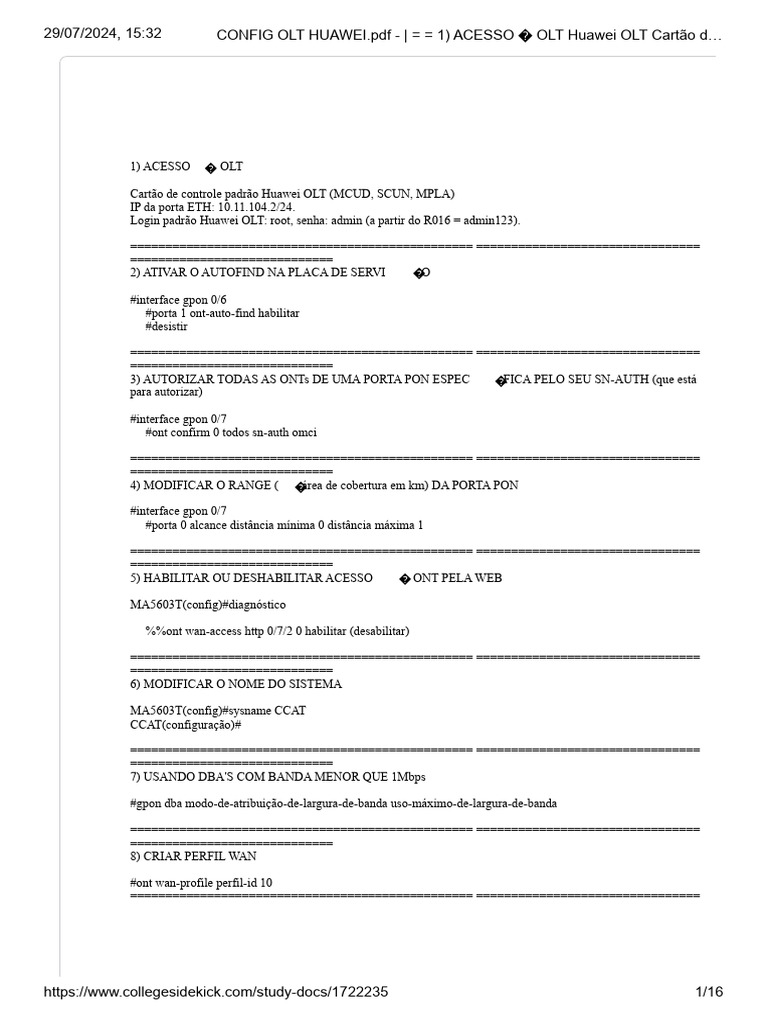 CONFIG OLT HUAWEI - PDF - 1) ACESSO OLT Huawei OLT Cartão de Controle ...